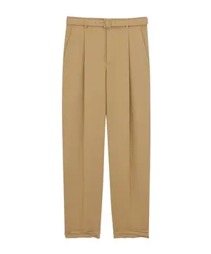 Saint Laurent High Waist Slim Fit Pleated Trousers - Dark Beige