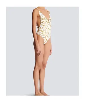 Balmain Chain Print Plunge V-neck One-piece Swimsuit