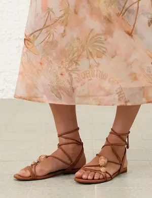 Zimmermann Gleam Flat Leather Sandals With Stone Effect Embellishments And Lace-up Detailing - Brown