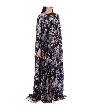 Balenciaga Floral Print Pleated Cape Dress
