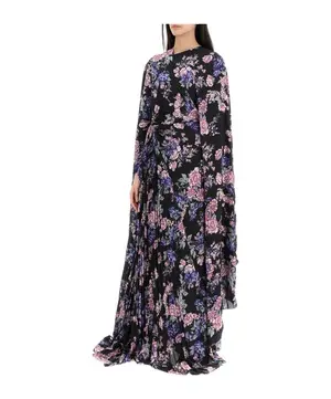Balenciaga Floral Print Pleated Cape Dress