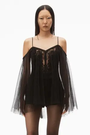 Alexander Wang Lace-embroidered Charmeuse Tunic Top