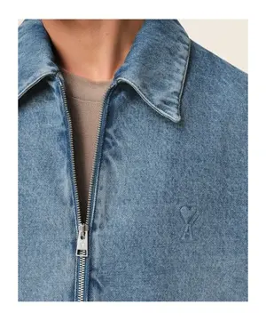 AMI Paris Logo Embossed Zip-up Denim Jacket - Blue