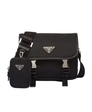 Prada Logo Plaque Foldover Shoulder Bag - Black