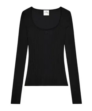 COURREGES Long-sleeve Square-neck Ribbed Jumper With Button Detail - Black