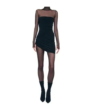 Norma Kamali Sheer Turtleneck Catsuit With Asymmetrical Hem