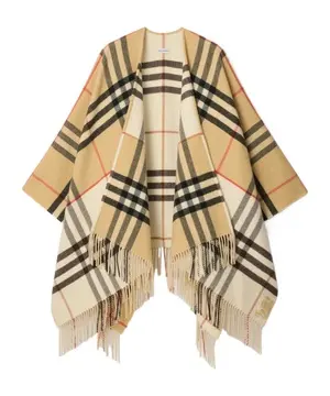 Burberry Contrast Check Fringed Cape - Sand/pebble White
