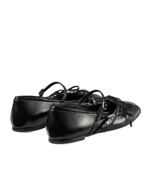 JIMMY CHOO Leather Ballerina Flats With Crystal Embellishments And Bow Detailing - Black