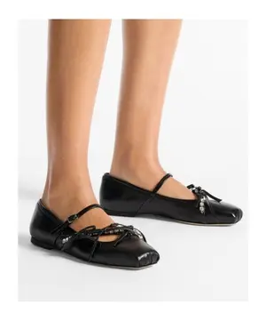 JIMMY CHOO Leather Ballerina Flats With Crystal Embellishments And Bow Detailing - Black