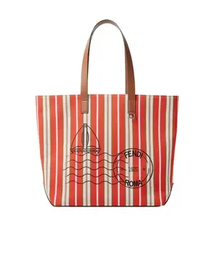 Fendi Logo Printed Striped Medium Tote Bag - Red