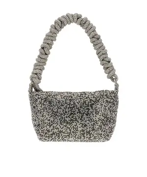 Kara Crystal Mesh Woven Handle Handbag - Gray
