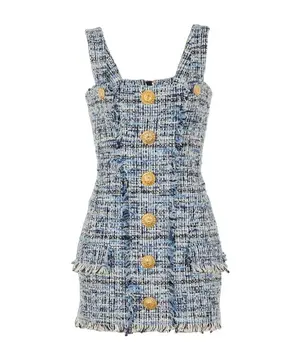 Balmain Short Tweed Dress With Gold Button Detail - Blue