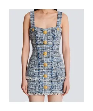 Balmain Short Tweed Dress With Gold Button Detail - Blue