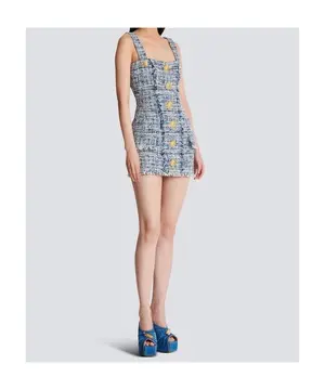Balmain Short Tweed Dress With Gold Button Detail - Blue