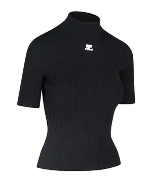 COURREGES Ribbed High Neck Short Sleeve Jumper With Logo - Black