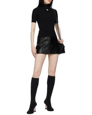 COURREGES Ribbed High Neck Short Sleeve Jumper With Logo - Black