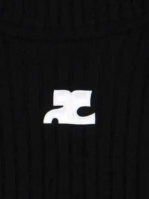 COURREGES Ribbed High Neck Short Sleeve Jumper With Logo - Black