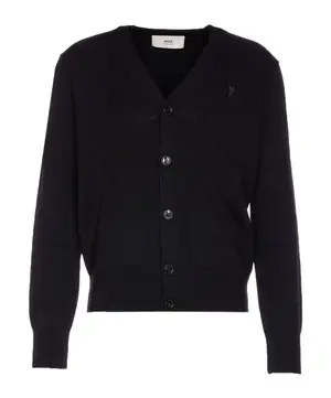 AMI Paris Logo Embroidered V-neck Cardigan - Black