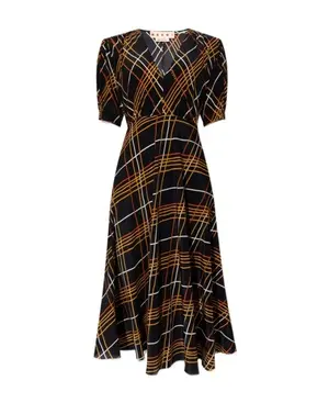 Marni Checked V-neck Dress With Bubble Sleeves