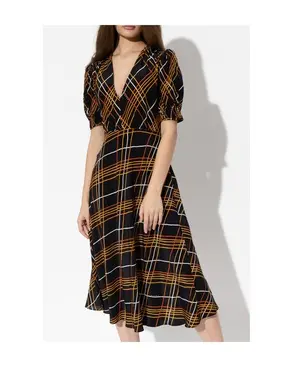 Marni Checked V-neck Dress With Bubble Sleeves