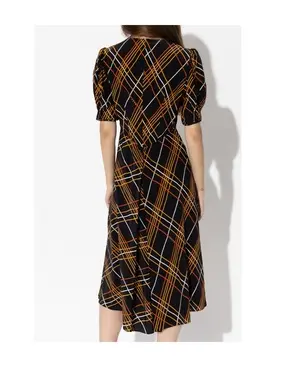 Marni Checked V-neck Dress With Bubble Sleeves