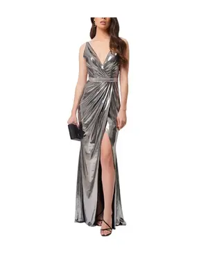FOREVER UNIQUE Silver Metallic Embellished Wrap Maxi Dress