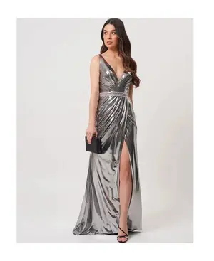 FOREVER UNIQUE Silver Metallic Embellished Wrap Maxi Dress