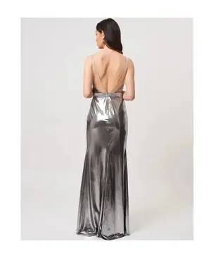 FOREVER UNIQUE Silver Metallic Embellished Wrap Maxi Dress