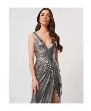 FOREVER UNIQUE Silver Metallic Embellished Wrap Maxi Dress