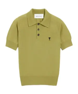 AMI Paris Logo Embroidered Knitted Polo Top - Matcha/black