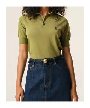 AMI Paris Logo Embroidered Knitted Polo Top - Matcha/black