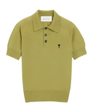 AMI Paris Ami Paris Logo Embroidered Knitted Polo Top Matcha/black