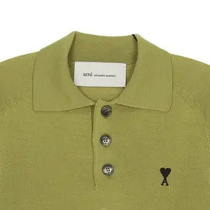 AMI Paris Logo Embroidered Knitted Polo Top - Matcha/black
