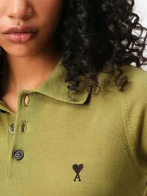 AMI Paris Logo Embroidered Knitted Polo Top - Matcha/black