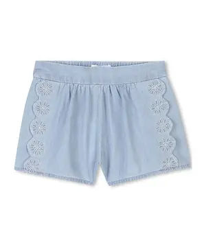 Chloé Scalloped Floral Embroidered Denim Shorts - Blue