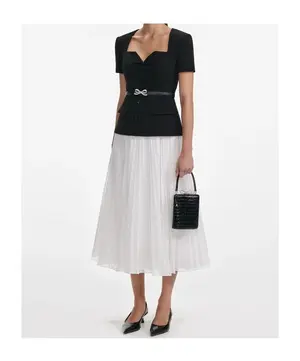 SELF-PORTRAIT Short Sleeve Midi Dress With Belted Waist