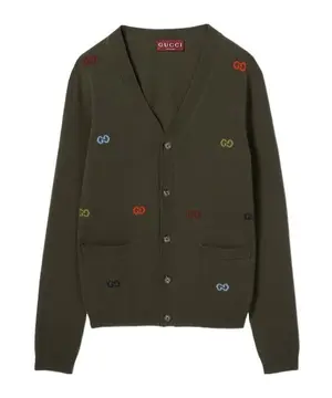 Gucci Multicolored Gg Intarsia V-neck Cardigan - Forest Green