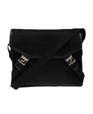 Versace All-over Logo Foldover Messenger Bag - Black