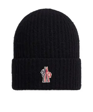 Moncler Ribbed Wool Beanie With Multi-color Logo Patch - Black