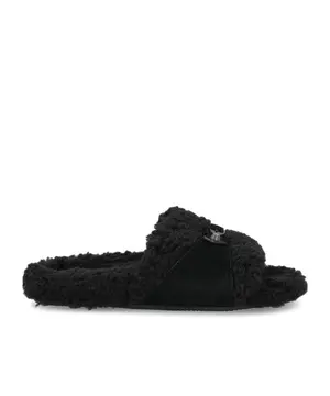 Balenciaga Faux Fur Slides With Studs And Buckle - Black
