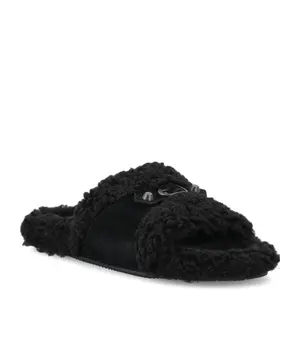 Balenciaga Faux Fur Slides With Studs And Buckle - Black