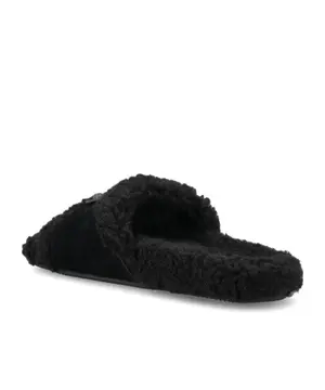 Balenciaga Faux Fur Slides With Studs And Buckle - Black