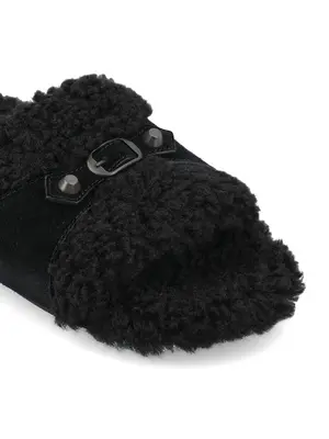 Balenciaga Faux Fur Slides With Studs And Buckle - Black