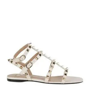 Valentino Garavani Rockstud Ankle Strap Flat Sandals - Light Ivory White