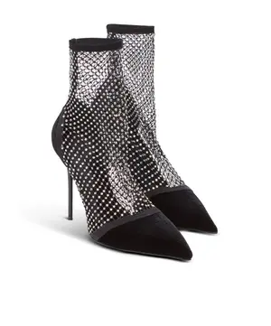 Balmain Mesh Heeled Ankle Boots With Velvet And Rhinestones