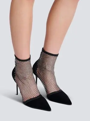 Balmain Mesh Heeled Ankle Boots With Velvet And Rhinestones