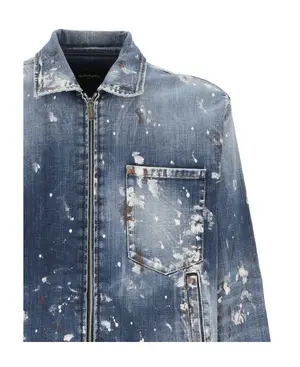 Dsquared2 Washed Denim Jacket With Red Spots And Zipper Closure