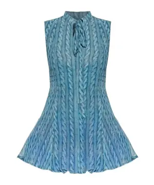 AVAVAV Cable Print Mini Dress With Stand-up Collar And Ribbon Ties