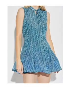 AVAVAV Cable Print Mini Dress With Stand-up Collar And Ribbon Ties