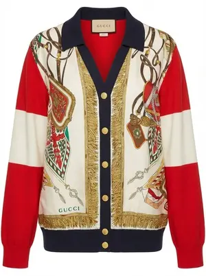 Gucci Extra Fine Knit Cardigan With Striped And Printed Details - Nude